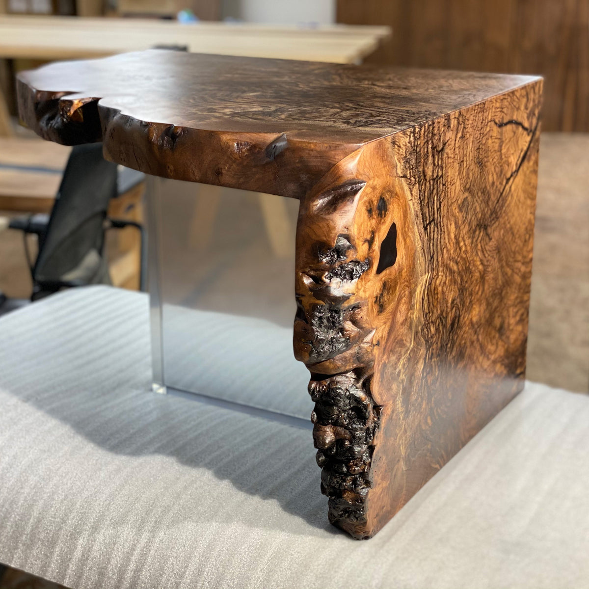 Claro Walnut Burl Coffee Table with a Resin Leg – Black Forest Wood Co.